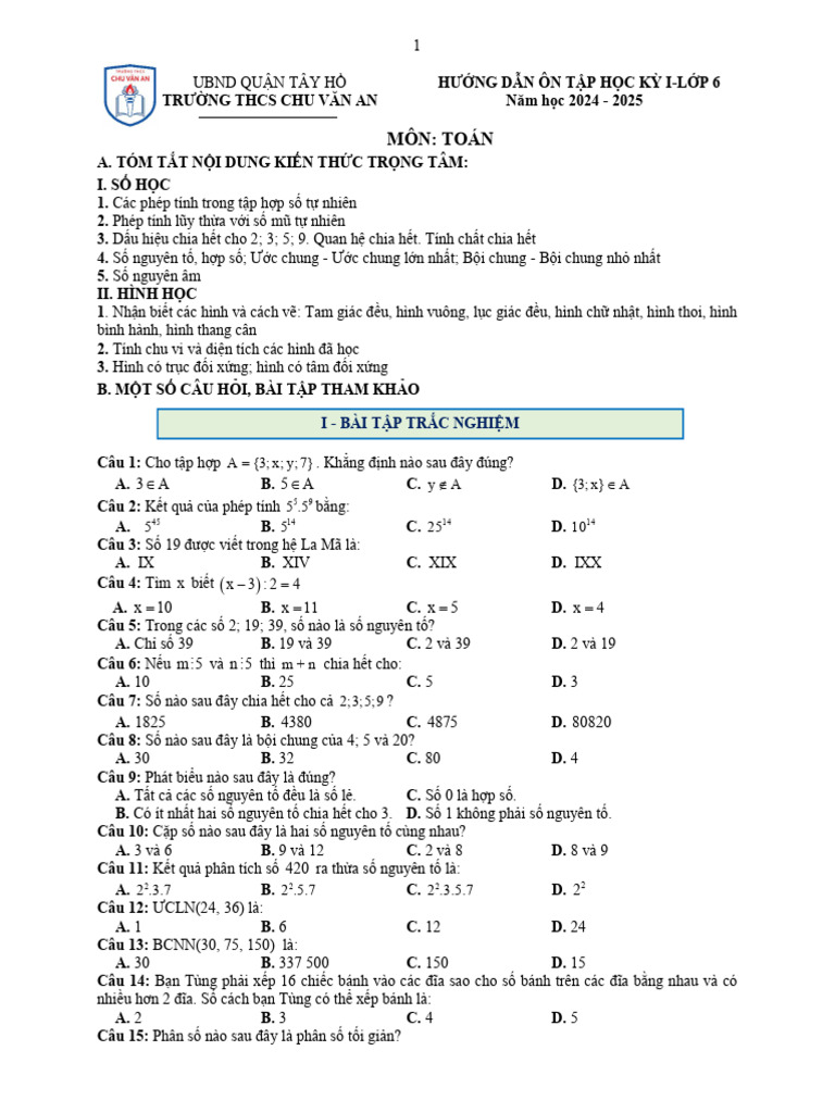 On Tap Hoc Ky 1 Toan 6 Nam 2024 2025 Truong Thcs Chu Van An Ha Noi | PDF