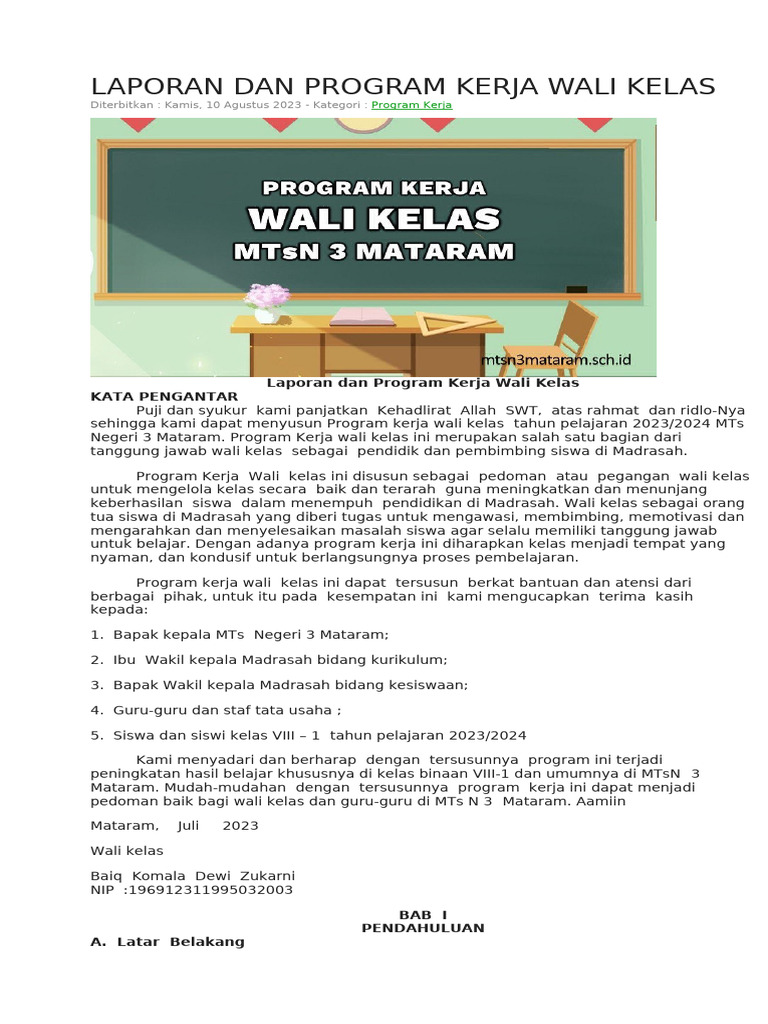 Laporan Dan Program Kerja Wali Kelas | PDF