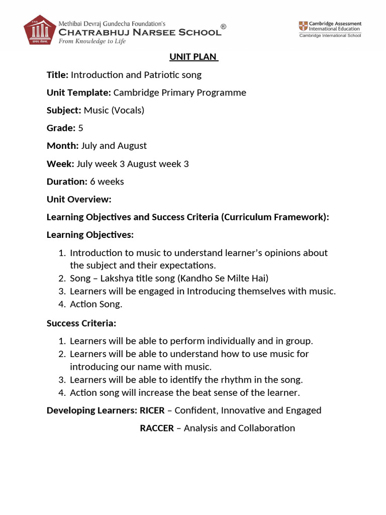 Grade 5 Music Unit: Patriotic Songs | PDF