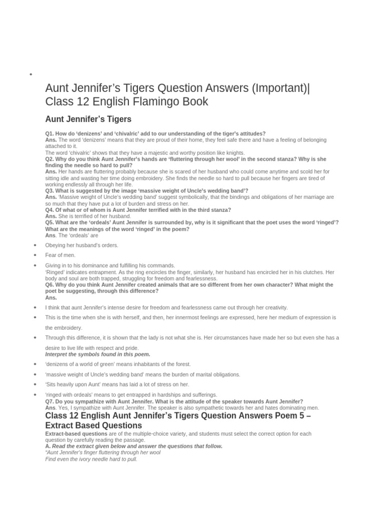 Aunt Jennifer's Tigers: Key Insights | PDF | Marriage | Poetry