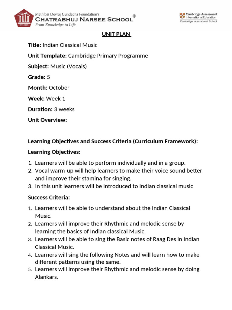Vocals - Unit Plan - Grade 5 - October 2024 | PDF