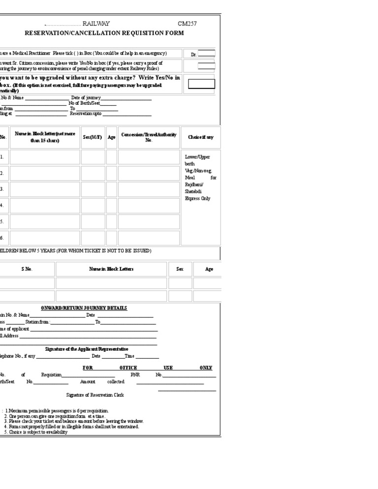 RAILWAY CM257 Reservation/Cancellation Requisition Form | PDF | P