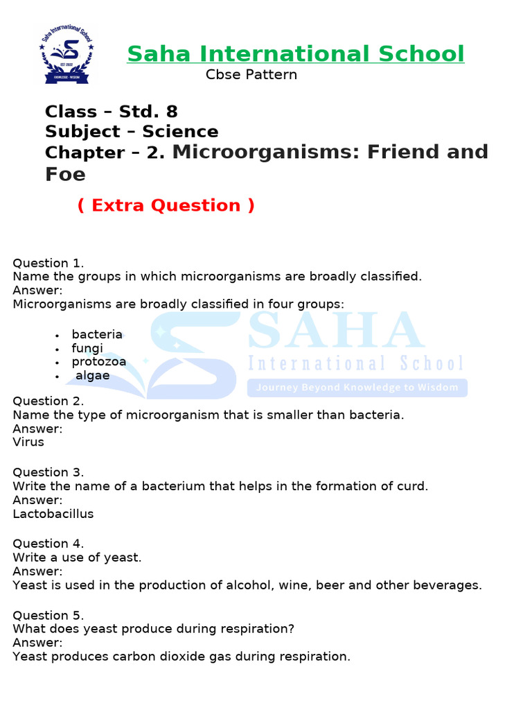 Class - 8 Science Chapter 2 (Micro-Organism Friend or Foe) | PDF ...