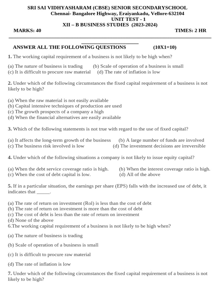 Business Studies Unit Test 1 | PDF | Investing | Cost Of Capital