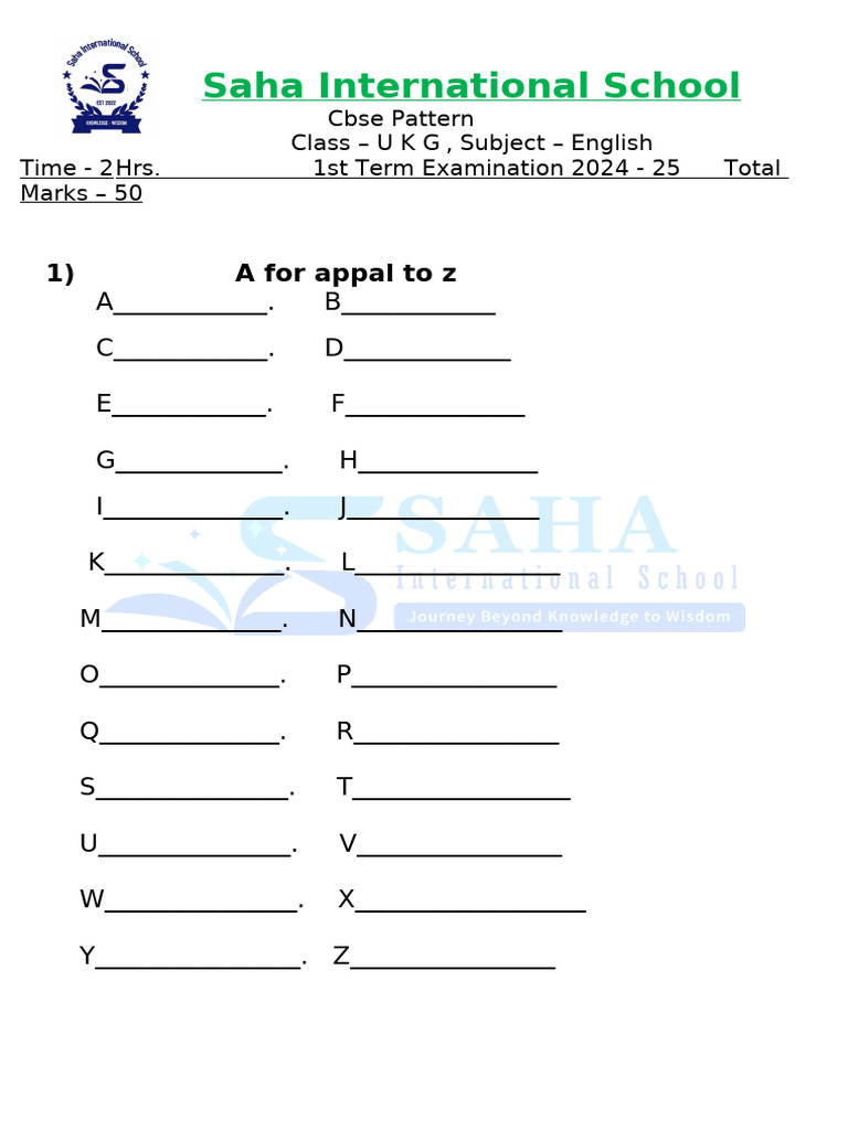 Class UKG English 1st Term Exam 2024 25 PDF
