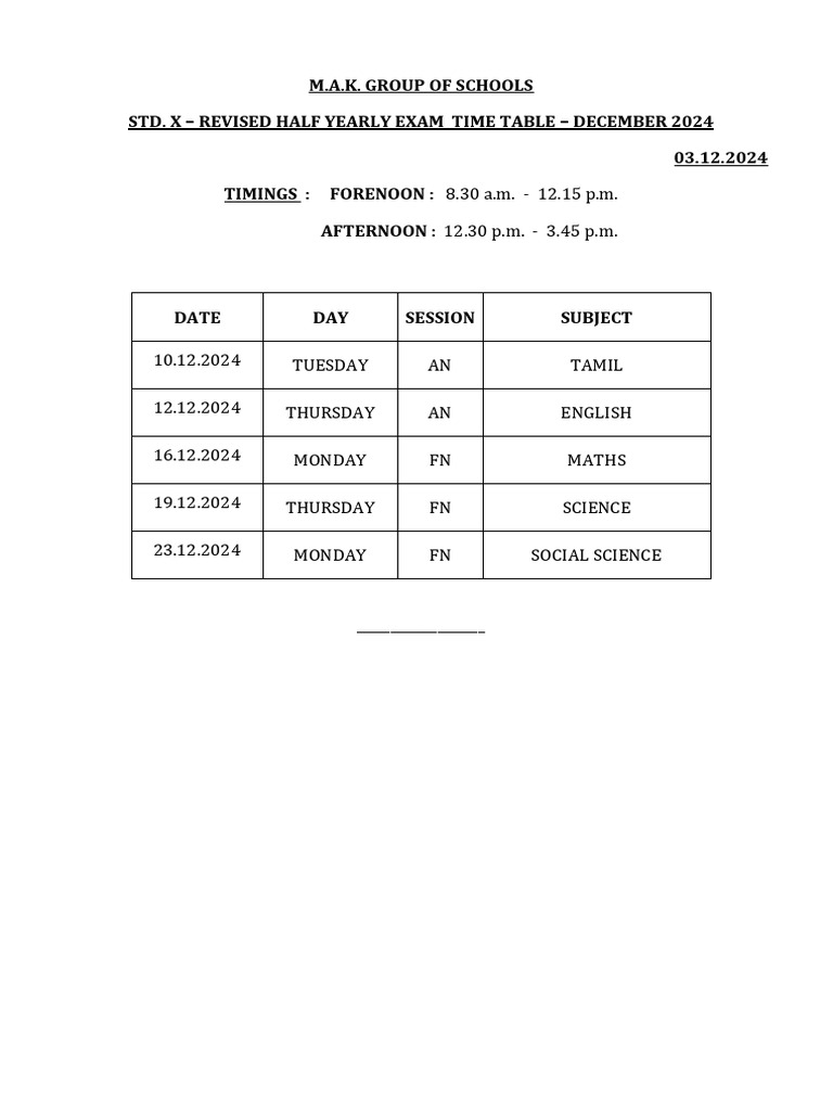 Std. X - Revised Half Yearly Exam Time Table | PDF