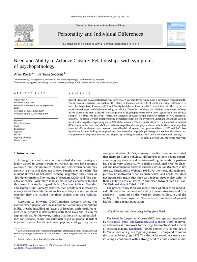 Need and Ability To Achieve Closure - Relationships With Symptoms of ...