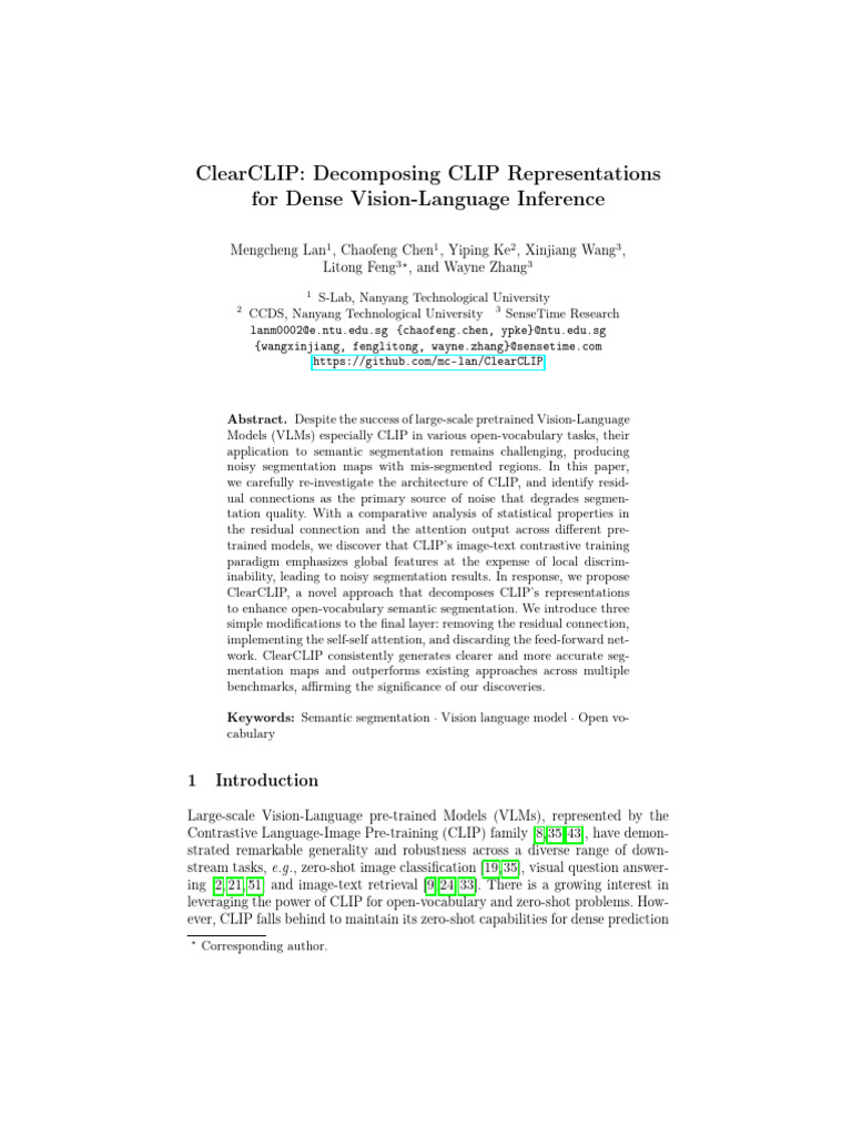ClearCLIP Decomposing CLIP Representations for dense vision-language ...