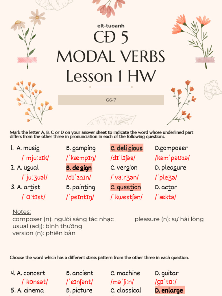 CĐ 5 - MODAL VERBS - Lesson 1 HW KEY | PDF
