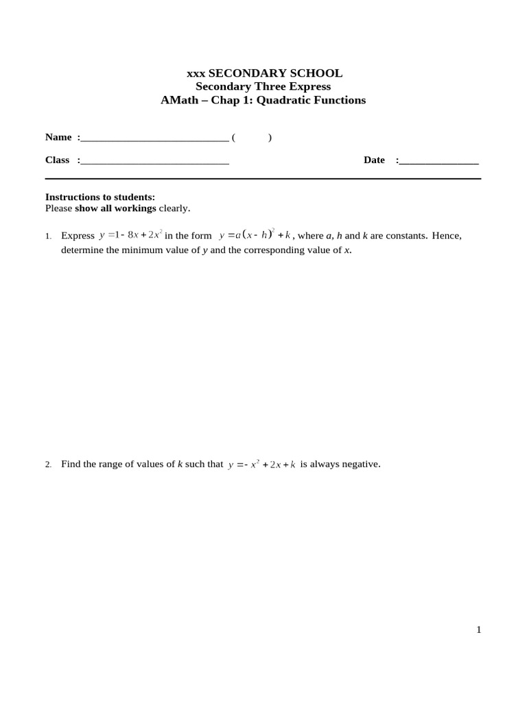 Quadratic Functions Quiz | PDF