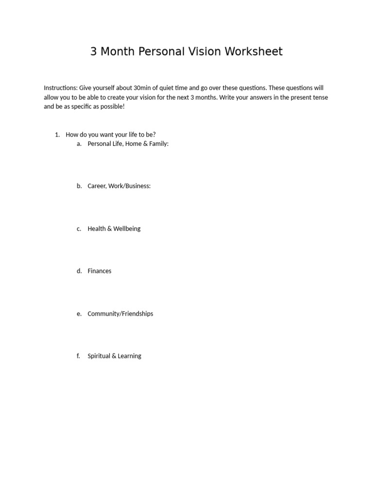 3 Month Personal Vision Worksheet | PDF