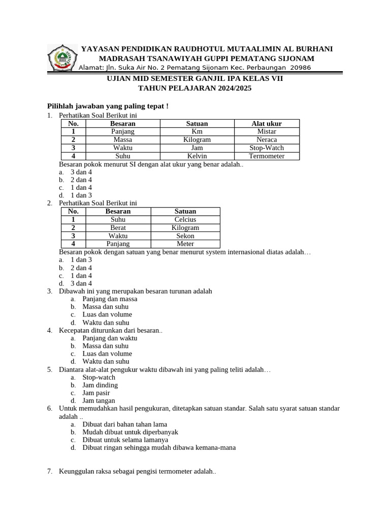Mid Semester Ipa Kelas Vii | PDF