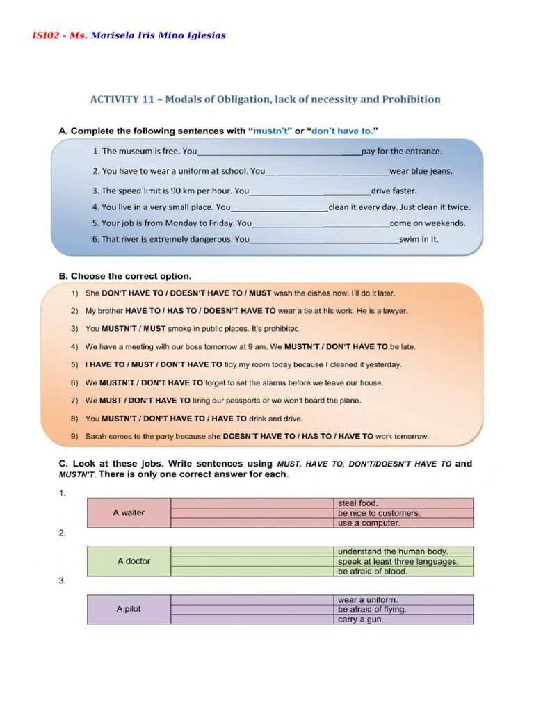 Modals of Necessity & Obligation (Practice - Session 02) | PDF