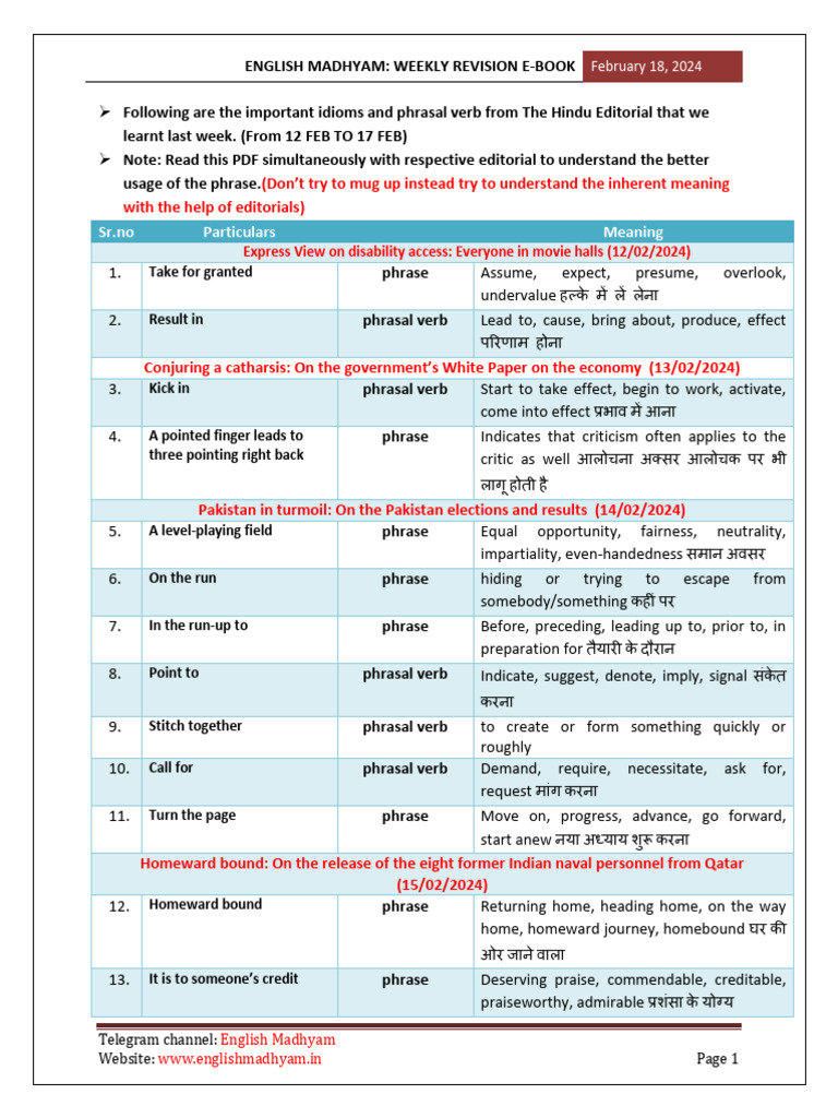 Weekly English Idioms & Phrasal Verbs | PDF