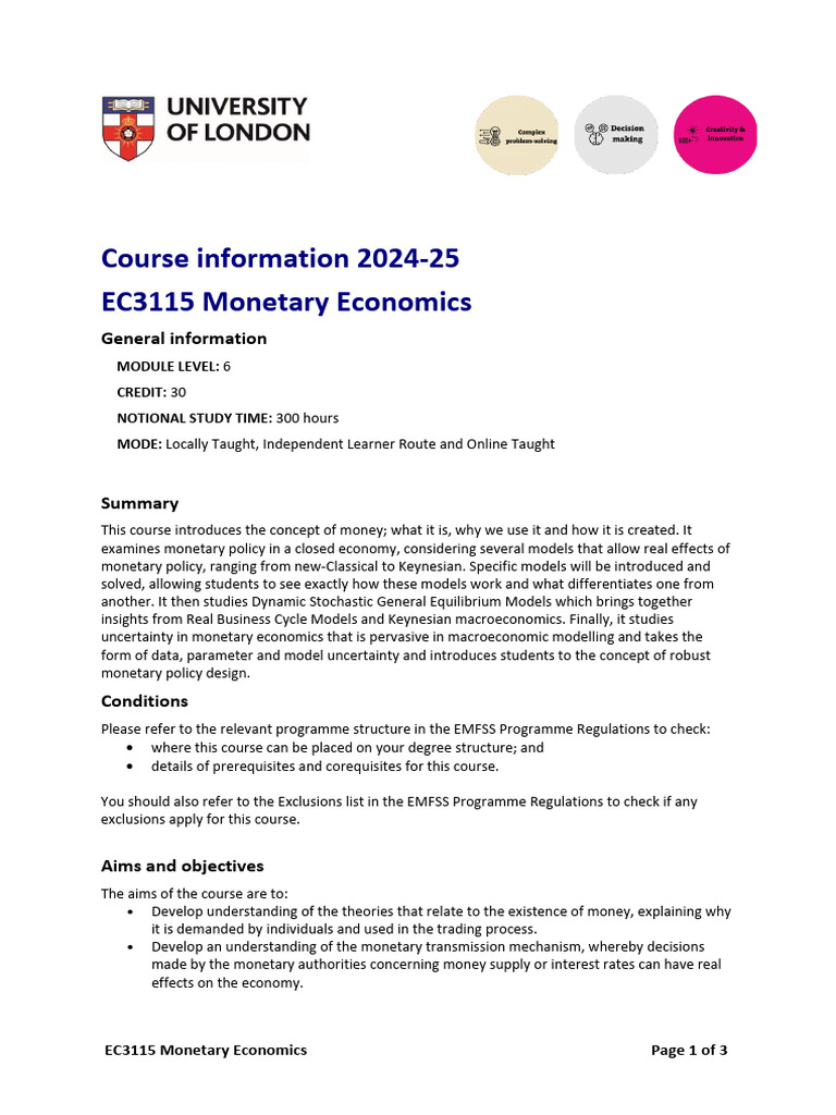EC3115 Monetary Economics Syllabus | PDF | Monetary Policy | Inflation
