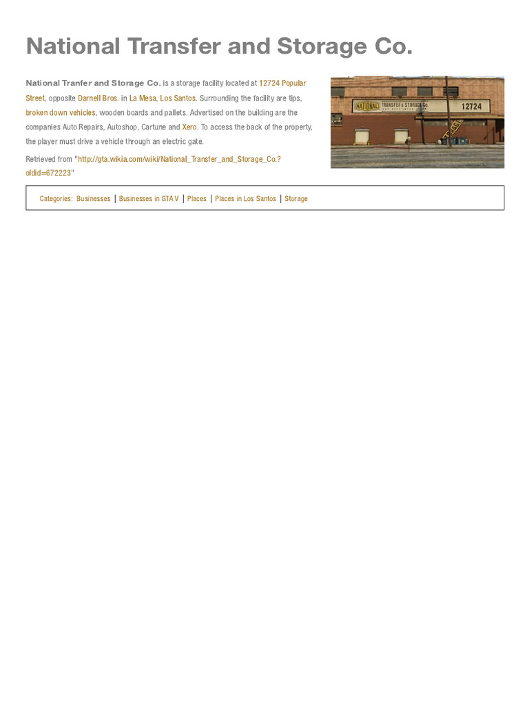 National Transfer and Storage Co. GTA V | PDF