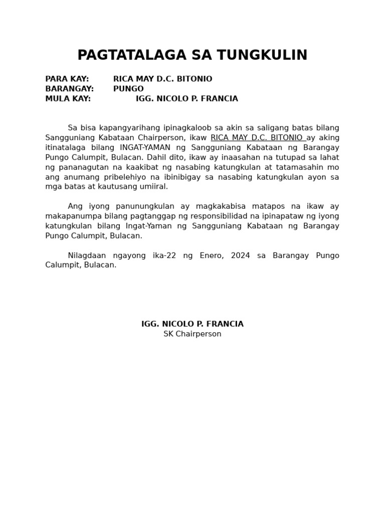 Pagtatalaga Sa Tungkulin SK Treasurer | PDF