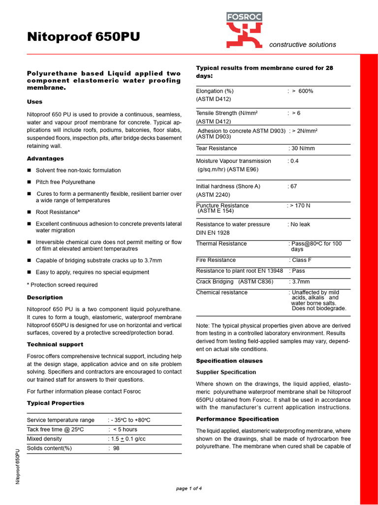 TDS Nitoproof 650PU India6 | PDF | Polyurethane | Concrete