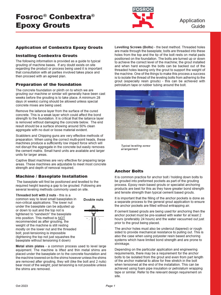 Fosroc Conbextra Epoxy Grouts Application Guide | PDF | Screw | Concrete
