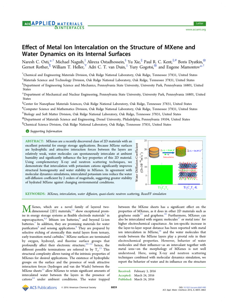 Osti Et Al 2016 Effect of Metal Ion Intercalation On The Structure of Mxene and Water Dynamics ...