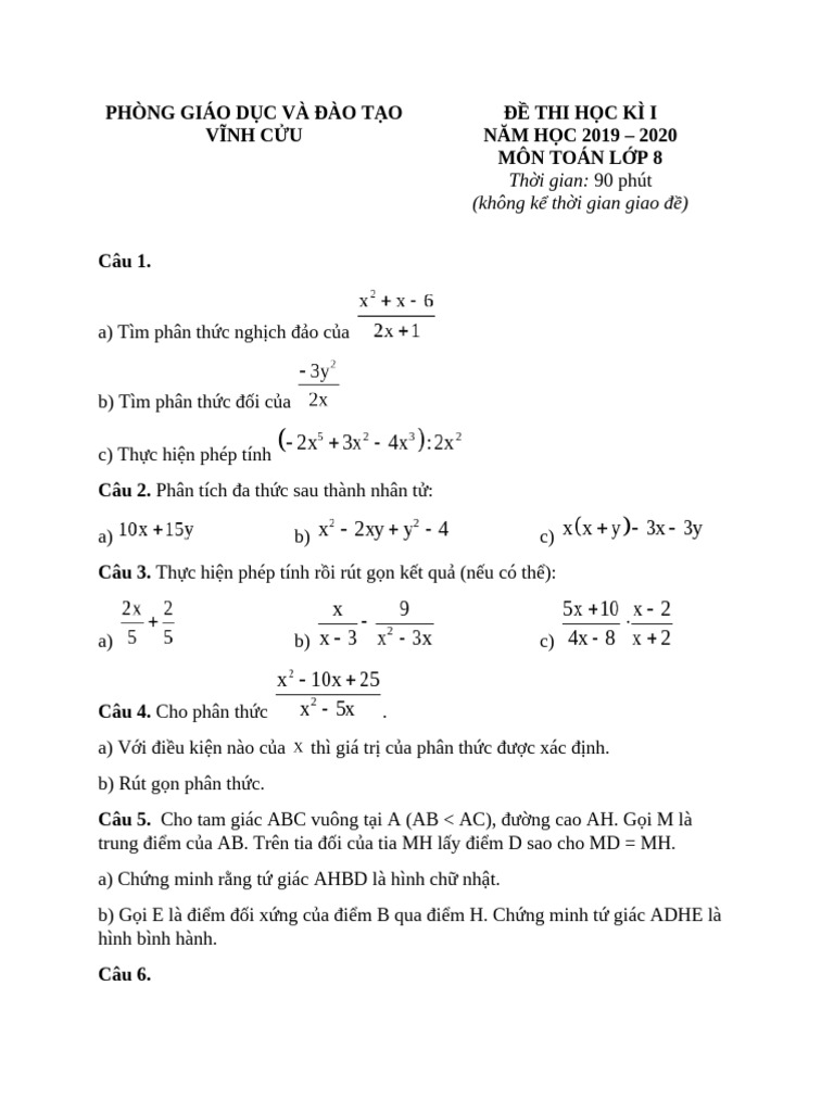 bộ đề toán 8 GK1 | PDF