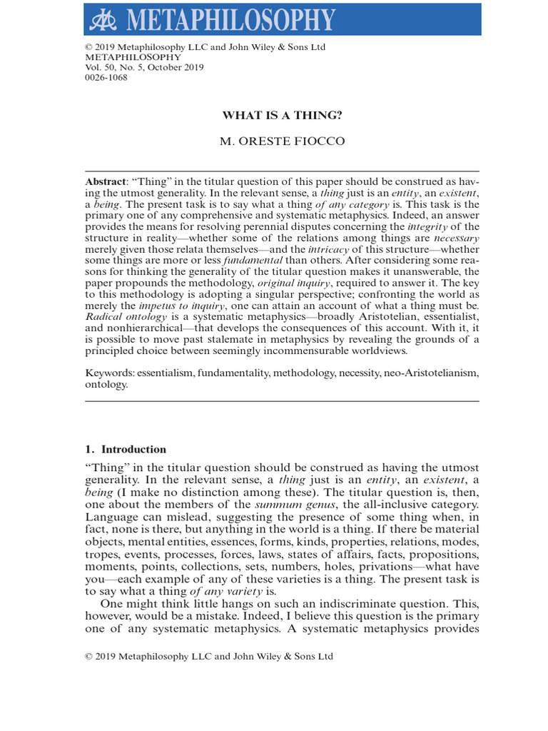 WHAT IS A THING? M. ORESTE FIOCCO | PDF | Ontology | Metaphysics