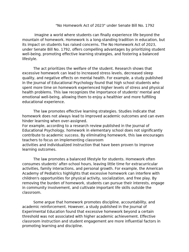 No Homework Act of 2023 Overview | PDF | Homework | Disciplines