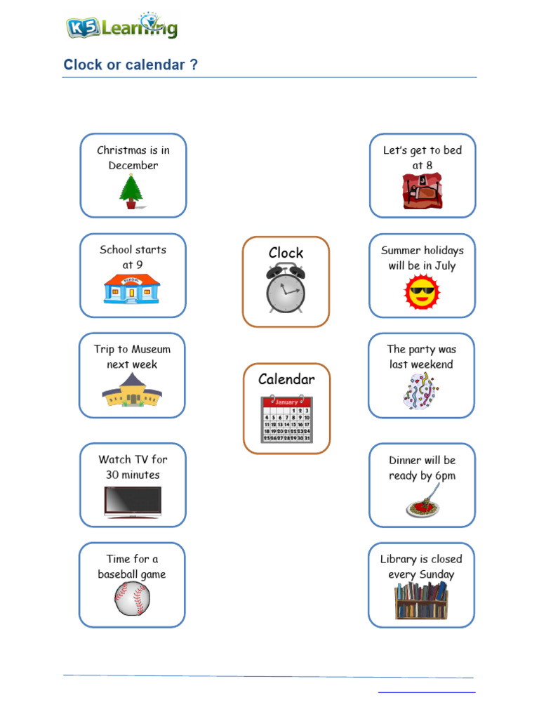 Grade 2 Time Worksheet: Clock vs Calendar | PDF