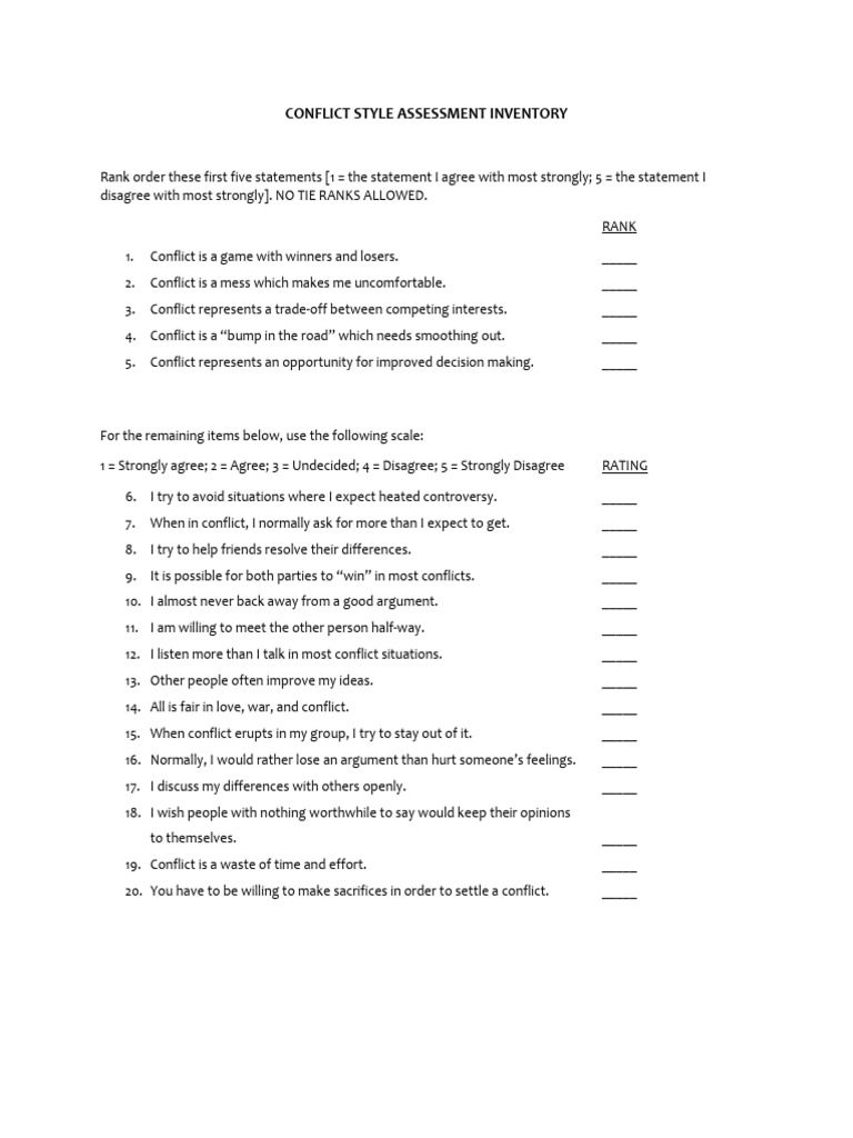 Conflict Style Assessment Tool | PDF | Behavioural Sciences ...