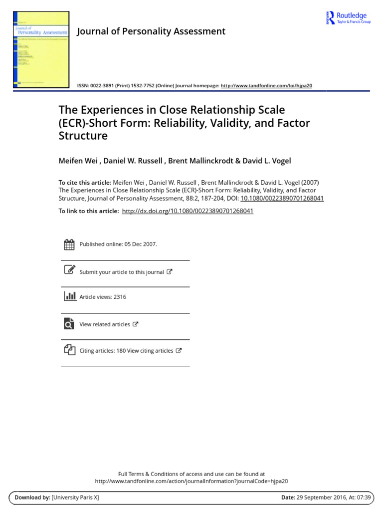 Articol_Experience_in_close_relationships_scale | PDF | Psychology