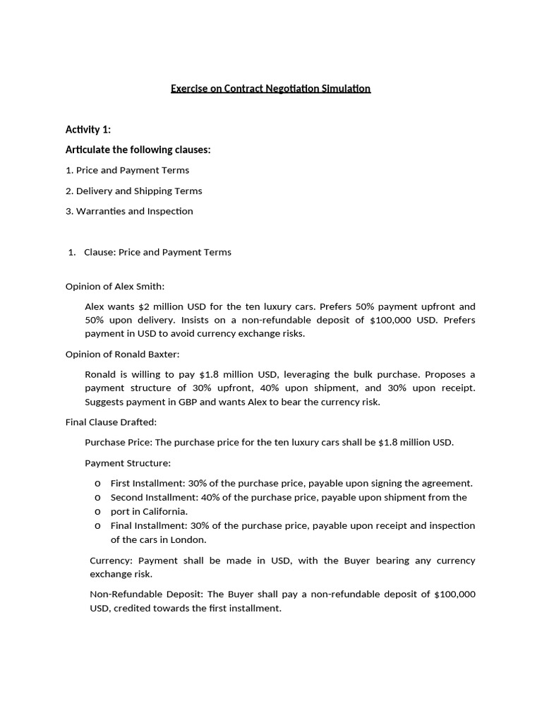 Assignment 4 - Exercise on Contract Negotiation Simulation | PDF | Arbitration | Mediation
