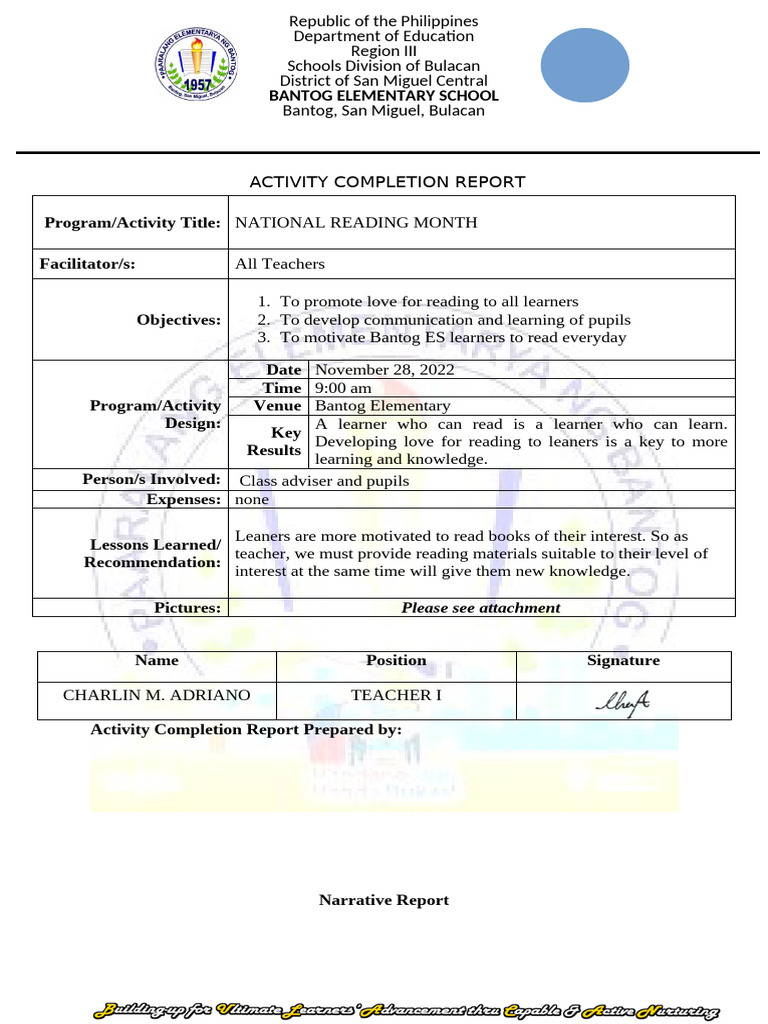 Acr - National Reading Month 22-23 | PDF | Teachers | Learning