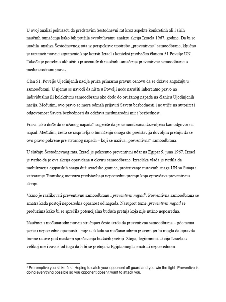 Šestodnevni Rat I Upotreba Sile Na Osnovu Preventivne" Samoodbrane | PDF
