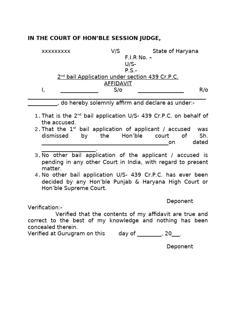 Bail Affidavit Under Section 439crpc Second Bail | PDF