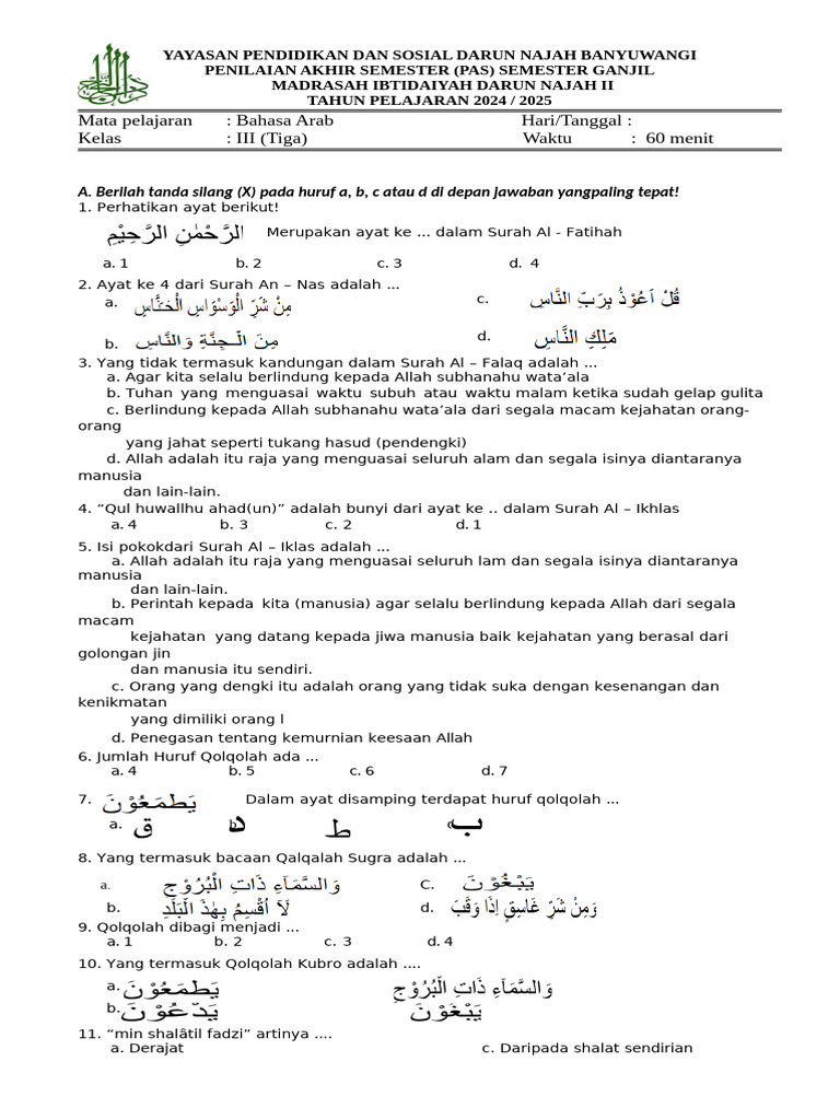 Soal Pas Qurdis Kelas 3 - WWW - Pojoksekolah | PDF