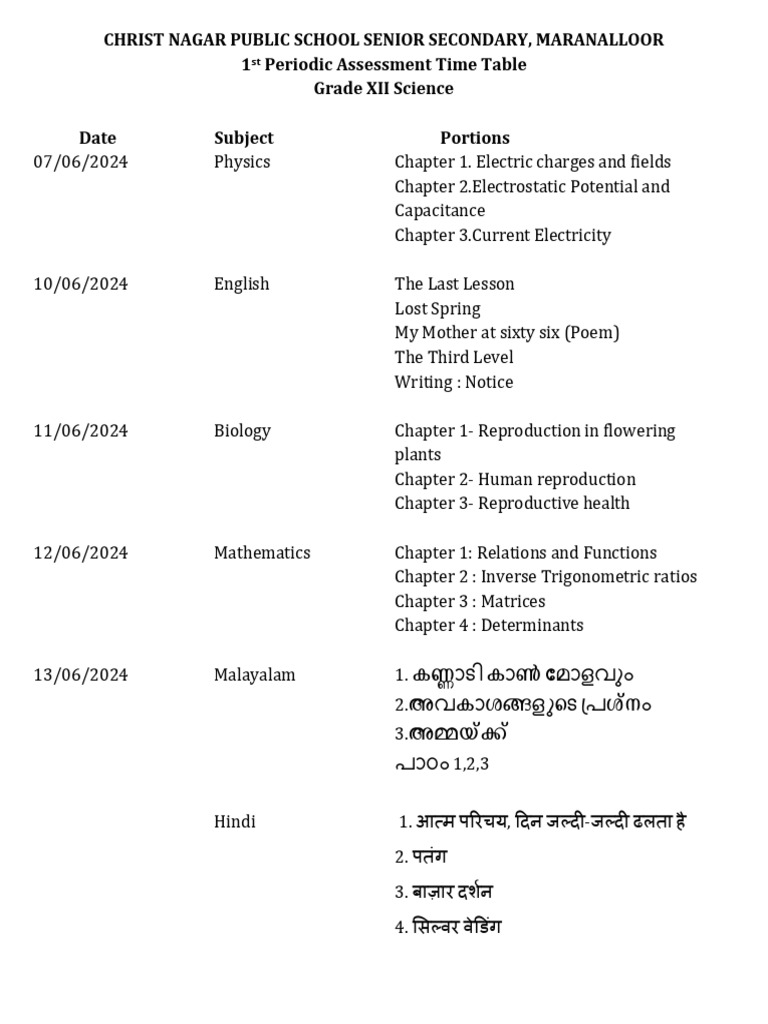 1st Periodic Assessment Time Table XII Science 2024-2025-1 | PDF