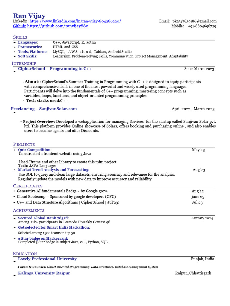 perfect cv ran vijay | PDF | C++ | Object Oriented Programming