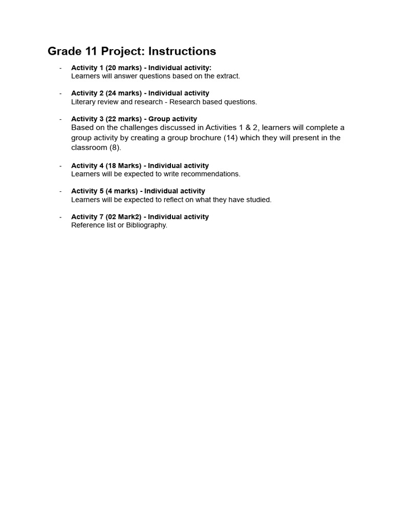 Grade 11 Project Instructions | PDF