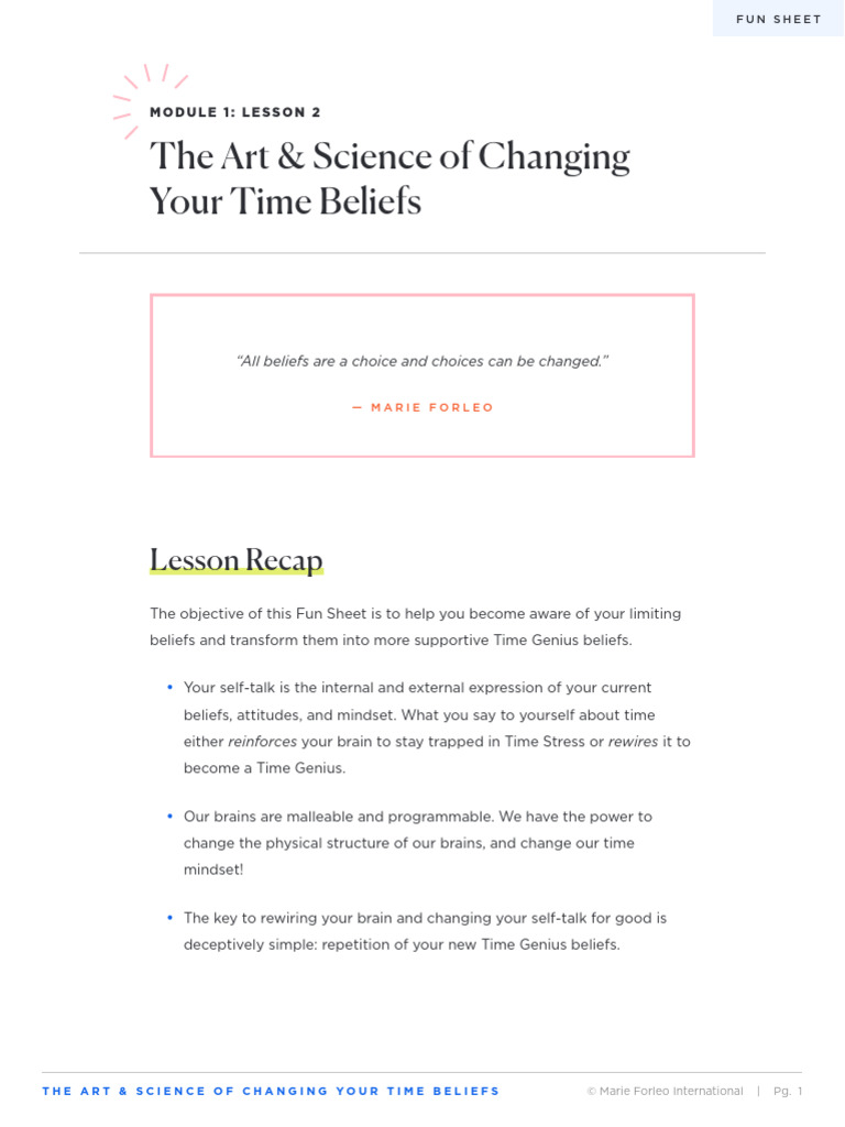 Time Genius Module 1 Lesson 2 Changing Your Time Beliefs Fun Sheet ...
