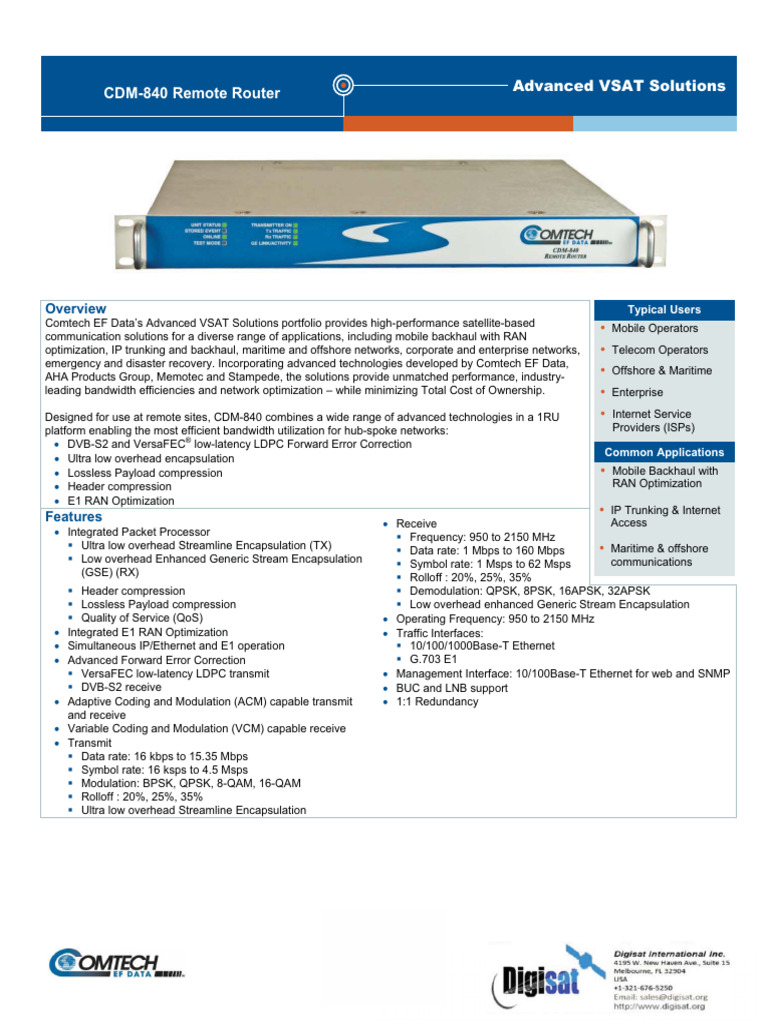 Comtech-CDM-840-Remote-VSAT-Router | PDF | Router (Computing) | Bit Rate
