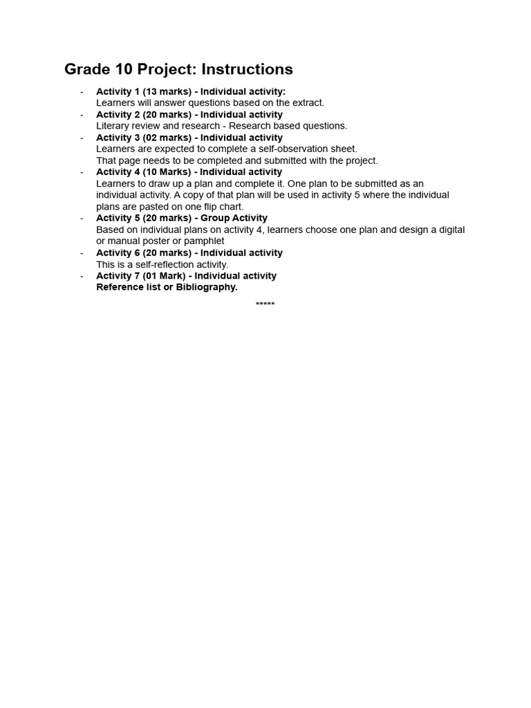 Grade 10 Project Instructions, July 2024 | PDF