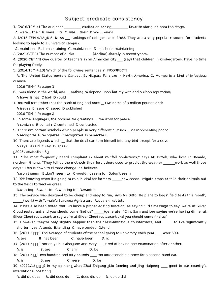 Subject-Predicate Consistency Exercises | PDF
