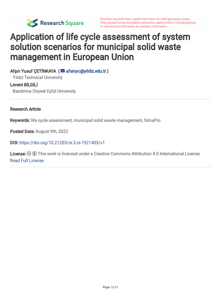 Application of Life Cycle Assessment of System Sol | PDF | Waste ...
