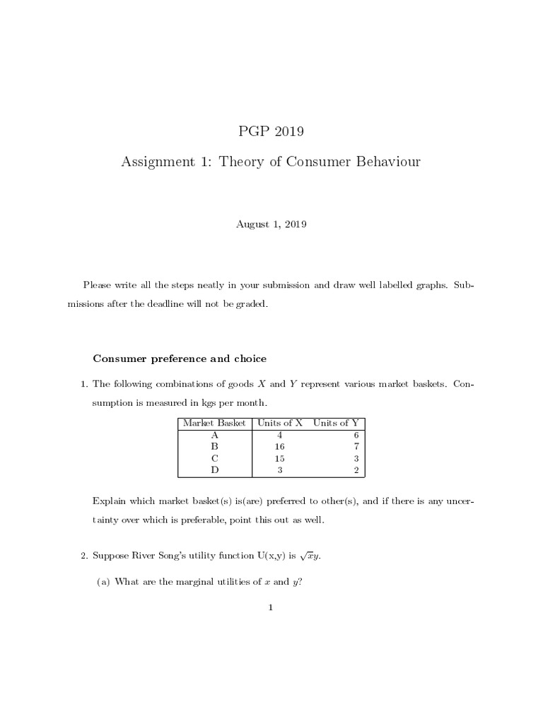 Assignment 1 [Theory of Consumer Behaviour] | PDF | Demand | Utility