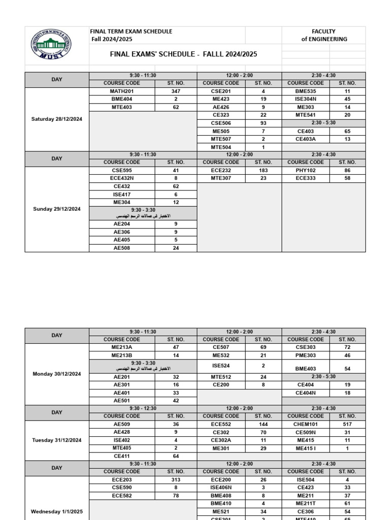 Final Exams_Time Table_Fall2024-2025 | PDF
