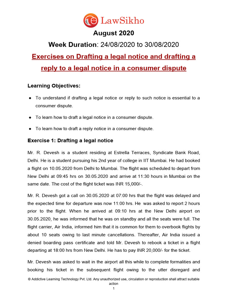 Weekly Exercises On Drafting A Legal Notice and Drafting A Reply To A ...