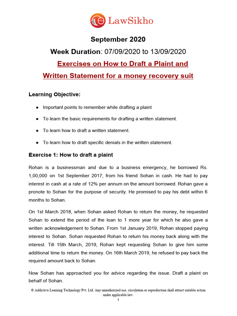 Weekly Exercises On How To Draft A Plaint and Written Statement For A Money Recovery Suit ...
