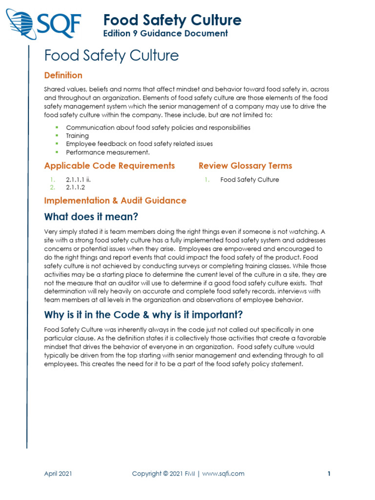 Food Safety Culture Guidance Document | PDF | Food Safety | Mindset