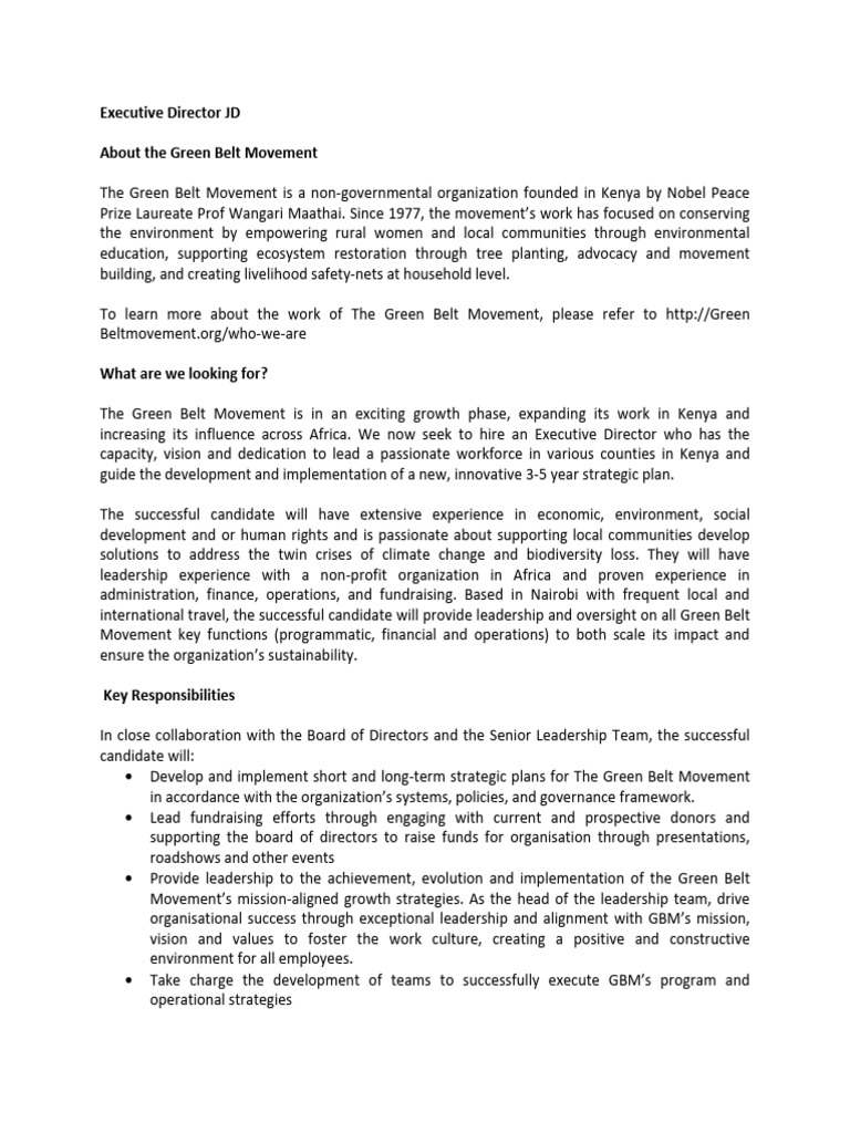 Executive Director Position at Green Belt Movement | PDF | Natural ...