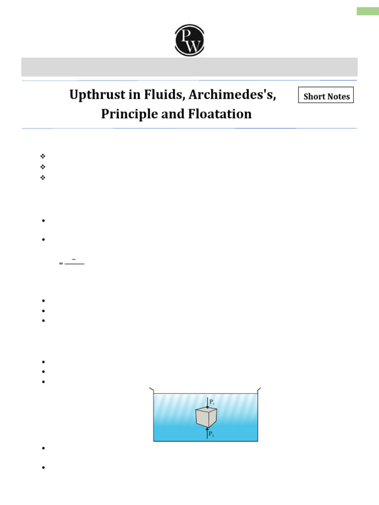 Upthrust in Fluid , Archimedes's Principle and Flotation : Short Notes ...